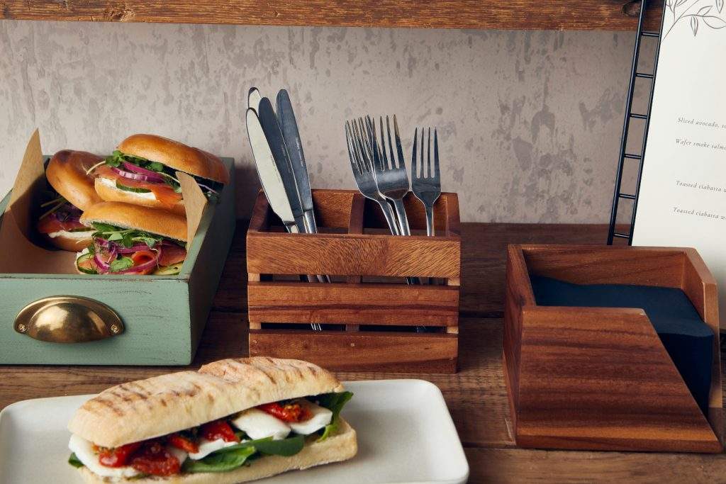 Acacia Wood 2 Compartment Cutlery Holder - JC Catering And Bar Supplies